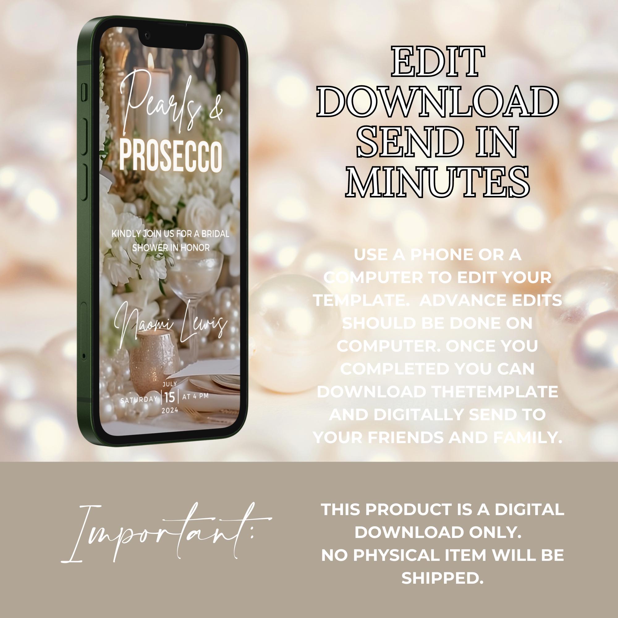 Digital Pearls and Prosecco Bridal Shower Invitation, Floral Bridal ...