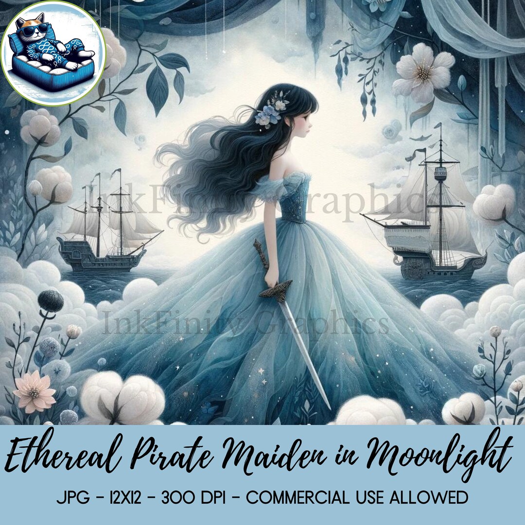 Ethereal Pirate Maiden Ship Seascape Watercolor Painting, Blue Pirate ...