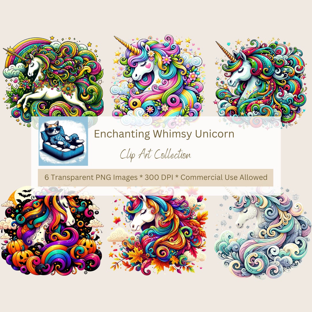 Enchanting Whimsy Unicorn Clipart Bundle: 6 Unicorns Artwork Digital Bundle Clipart Watercolor ...