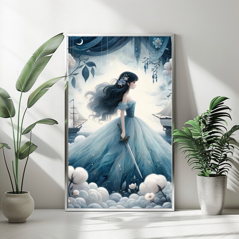 Ethereal Pirate Maiden Ship Seascape Watercolor Painting, Blue Pirate ...