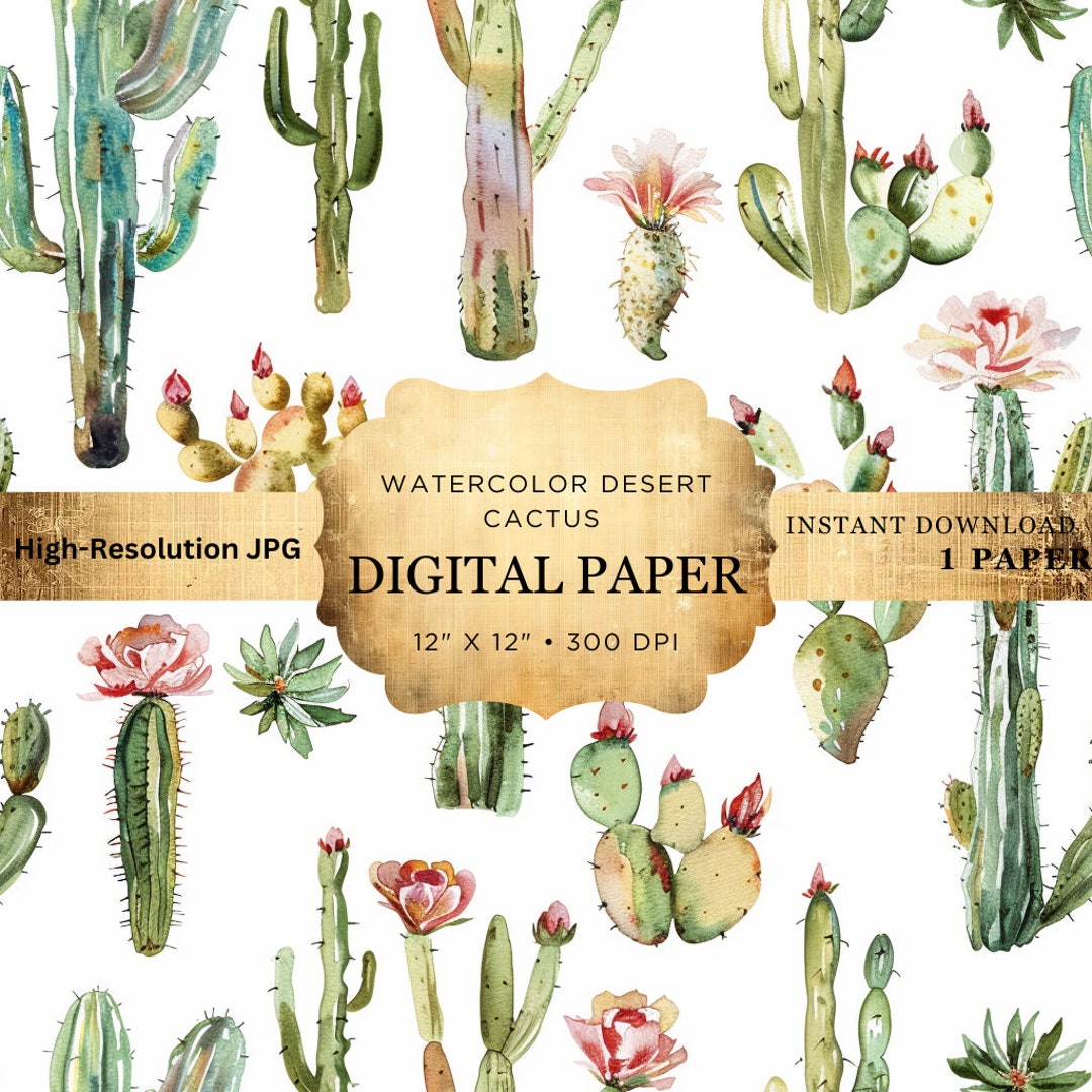 Watercolor Desert Cactus Digital Paper, Digital Paper Seamless ...
