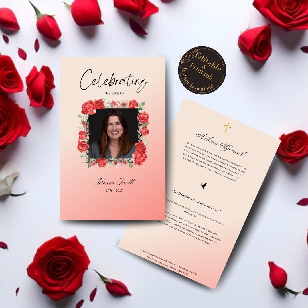 Roses Funeral Program Template for Mom Red Funeral Program Obituary for ...
