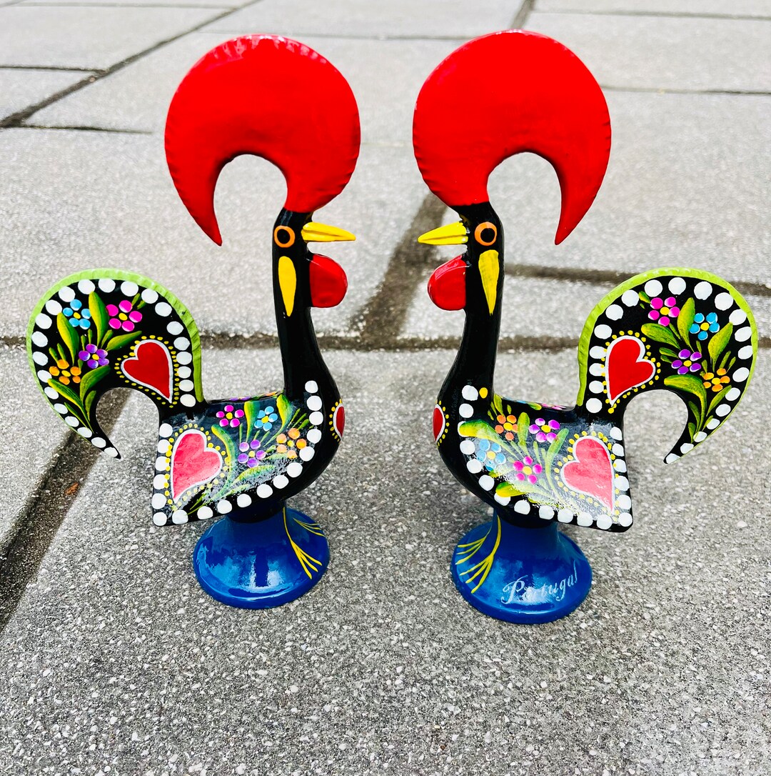 L 8,25”/21cm, Rooster of Barcelos, Portugal. Made of Metal, in Black, Hand Painted in Vibrant ...