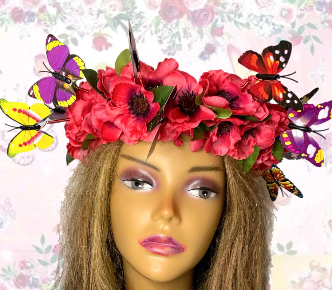 Poppy Crown Poppy Flowers Full Head Headdress Butterflies and Puppy ...