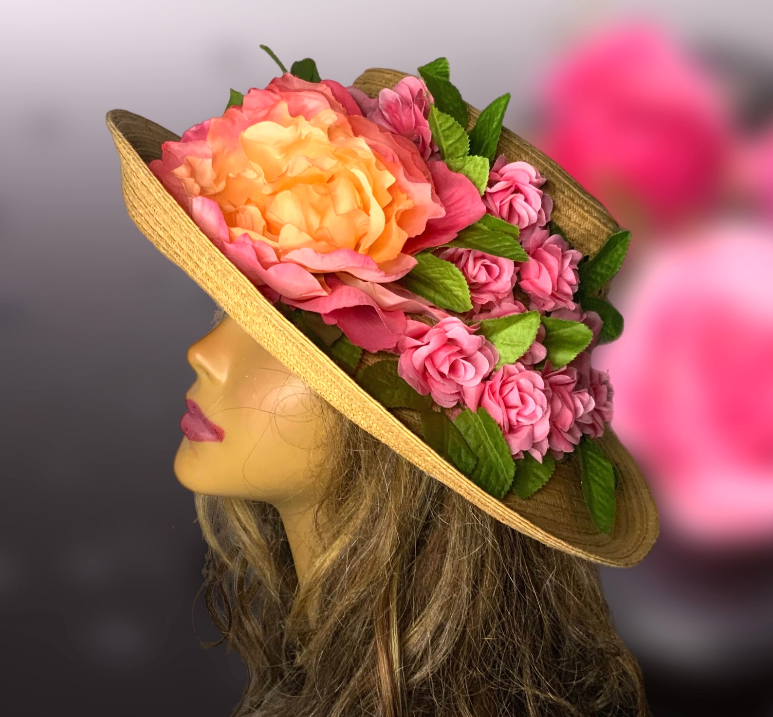 Floral Summer Hat Summer Straw Hat Garden Party Hat Pink Roses Hat ...