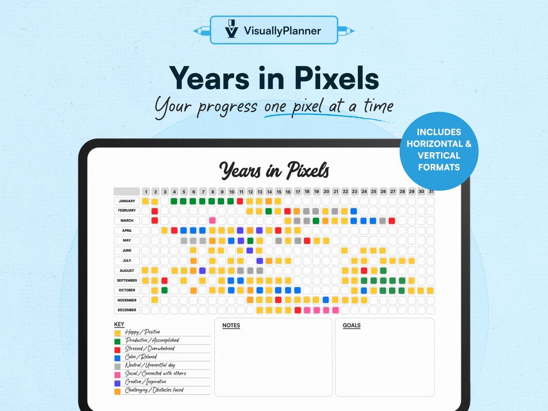 Printable Planner Year in Pixels Bujo US Letter A4 A5 Daily Habit Goal ...