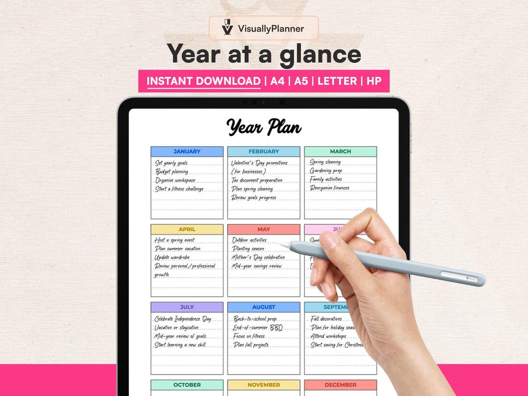 Year at a Glance Calendar, Digital Planner, Editable Calendar, Undated ...