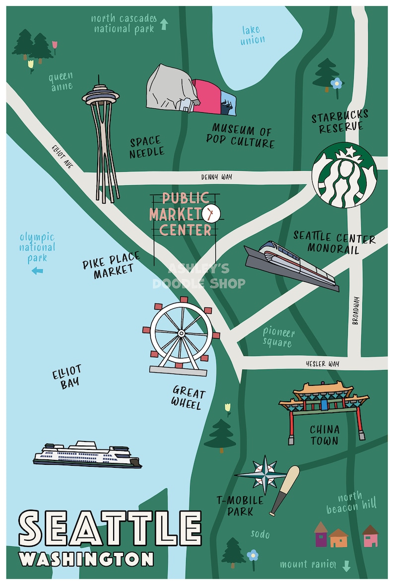 Seattle Map | Illustrated Map of Seattle | Seattle Poster - Etsy
