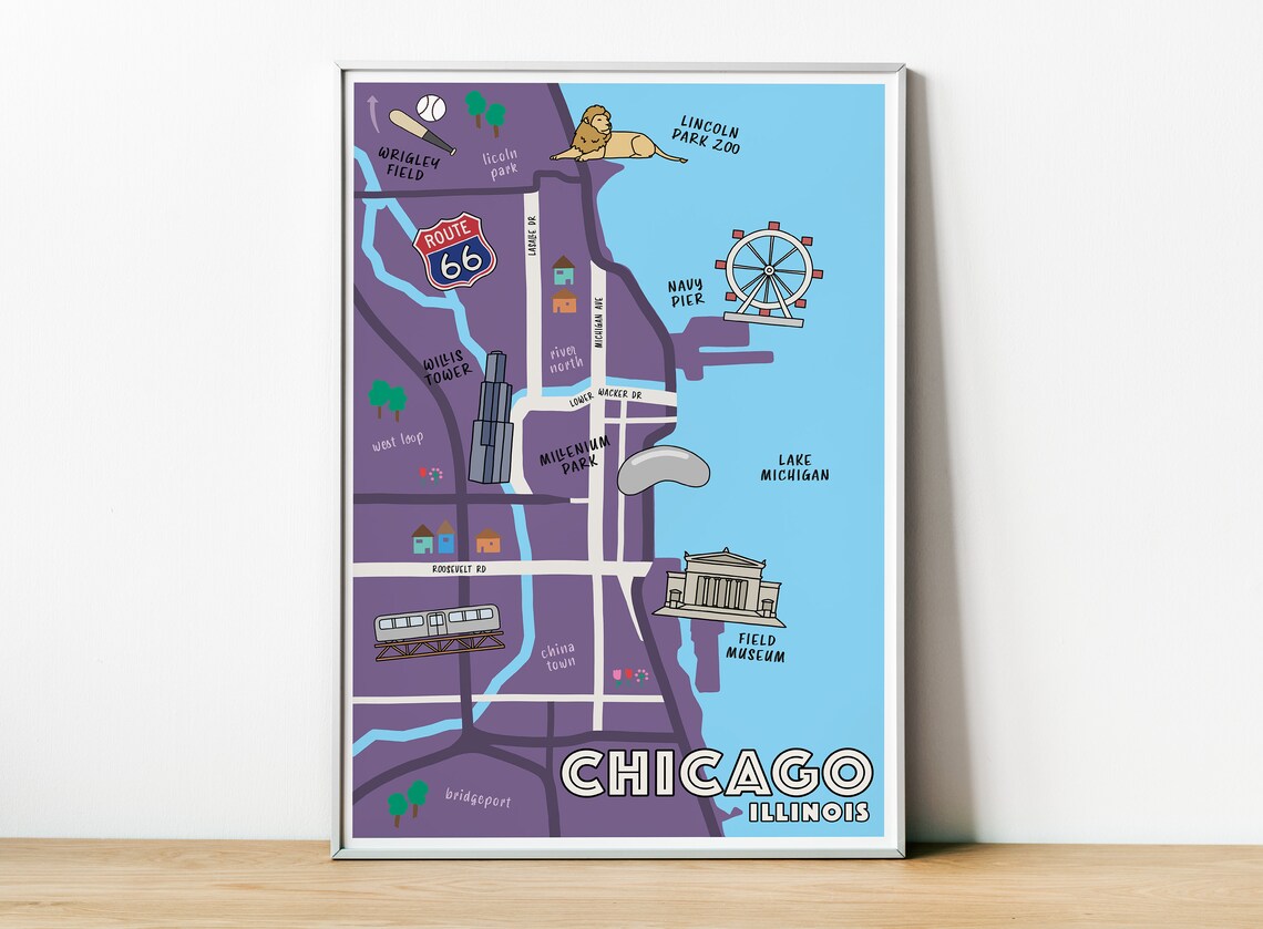 Chicago Illustrated Map Poster: Landmark City Art - Etsy