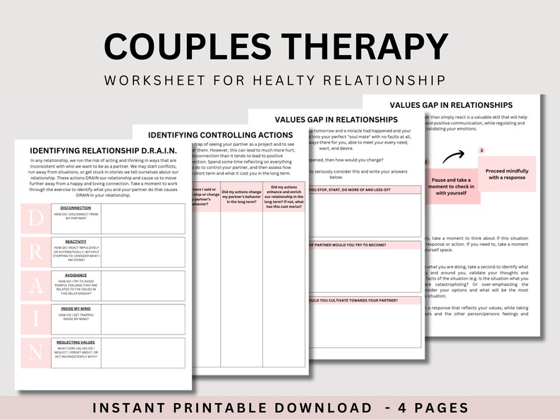 Couples Therapy Worksheets 4 Page Bundle, Reacting Vs Responding, Communication Skills ...