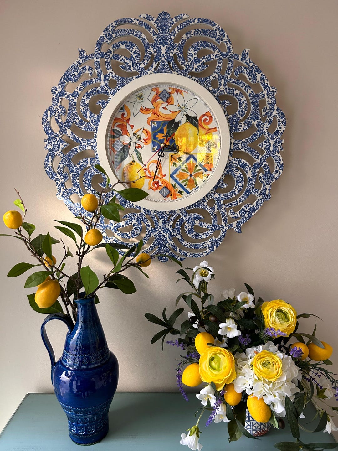 Lemon & Blue Scroll Wall Clock - Etsy