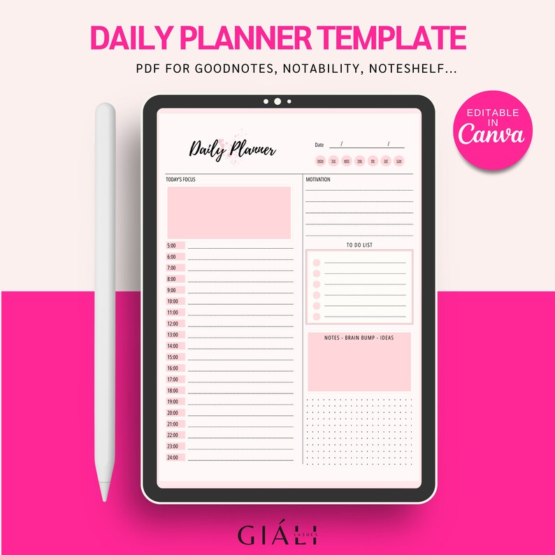 Daily Planner Template PDF, Goodnotes, Notability, Noteshelf, Editable ...