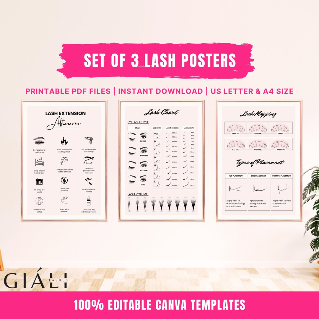 Lash Room Decor, Set of 3 Editable Posters, Lash Extension Aftercare ...