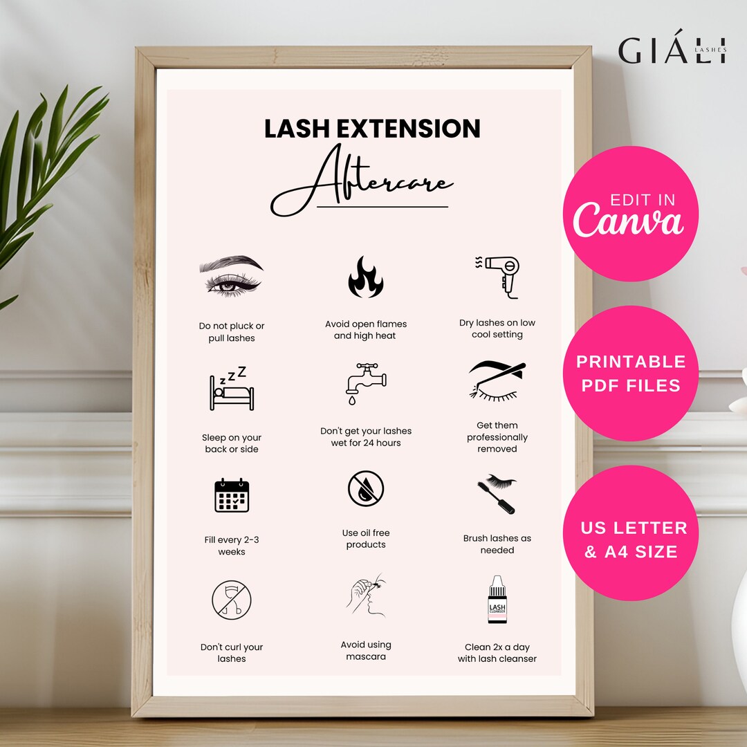 Lash Aftercare Poster, Editable Canva Template, Lash Room Decor ...