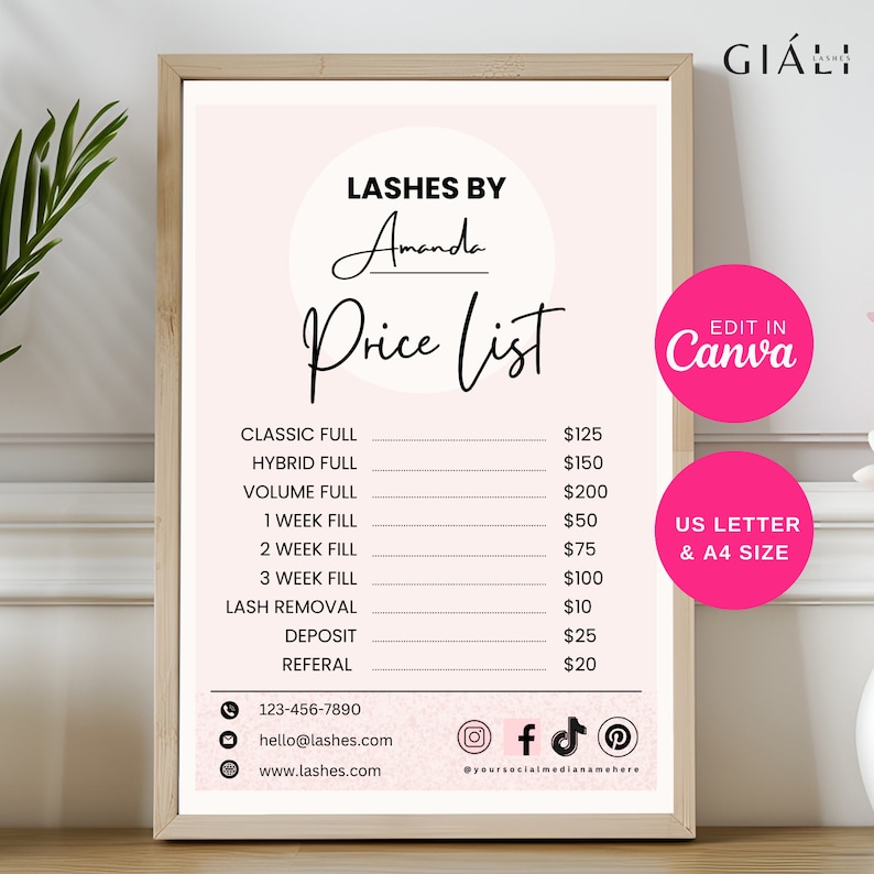 Editable Lash Price List Lash Room Decor Classic Volume Hybrid Eyelash ...