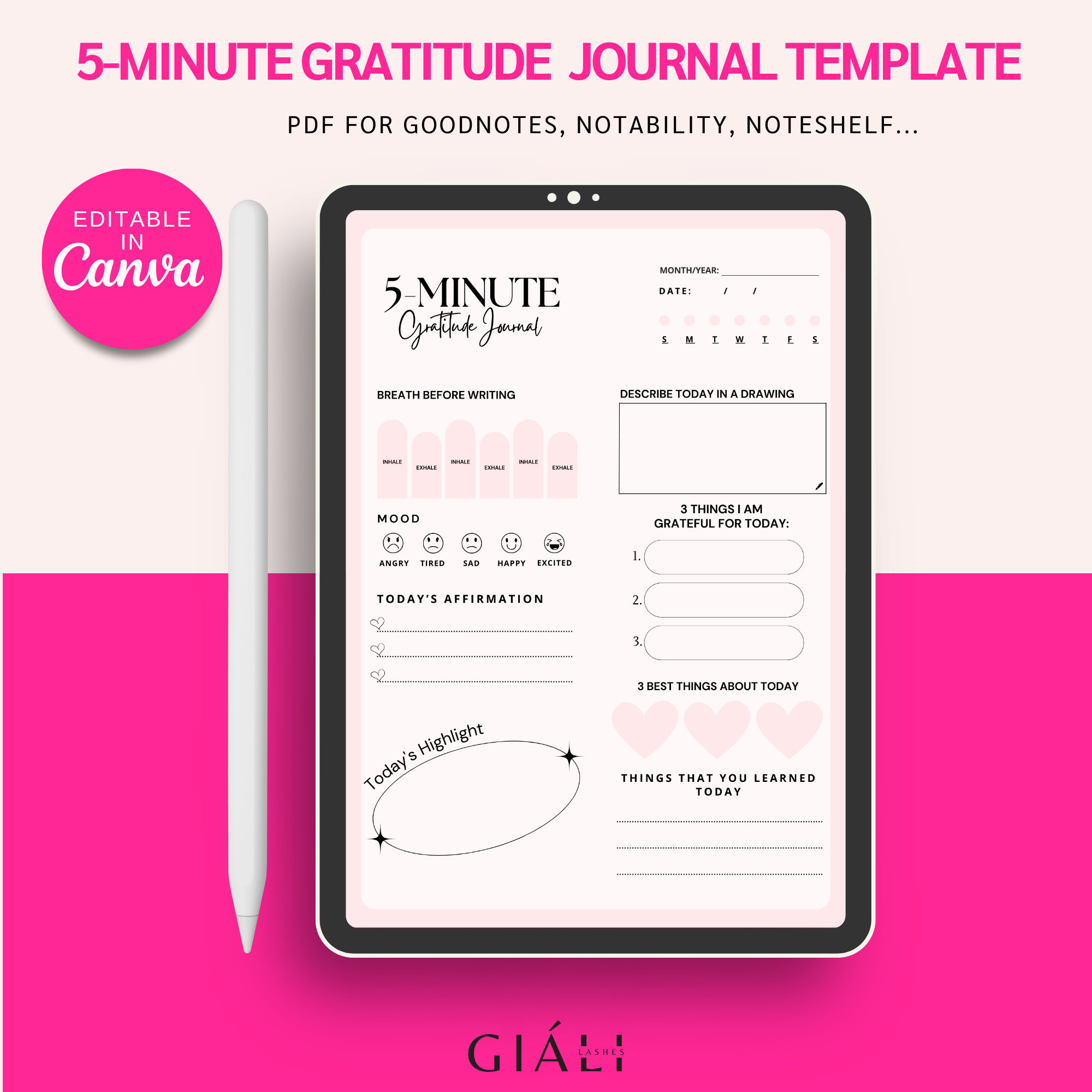 5-minute Gratitude Journal Template, Undated Daily Reflection (PDF) - Etsy