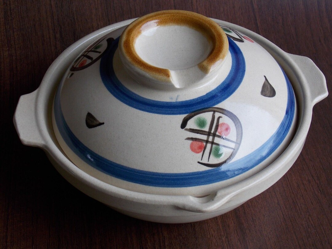 Japanese Donabe Stoneware Earthenware Rice Clay Pot Casserole Tan Fish ...