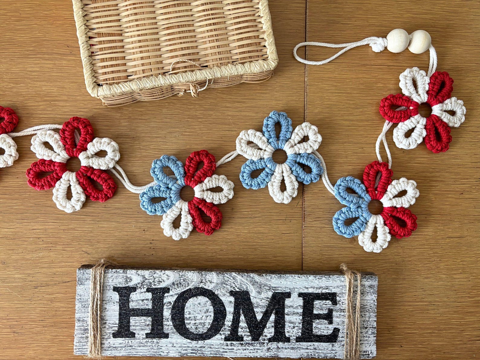 Patriotic Macrame Flower Garland, Red White & Blue Festive Beaded ...