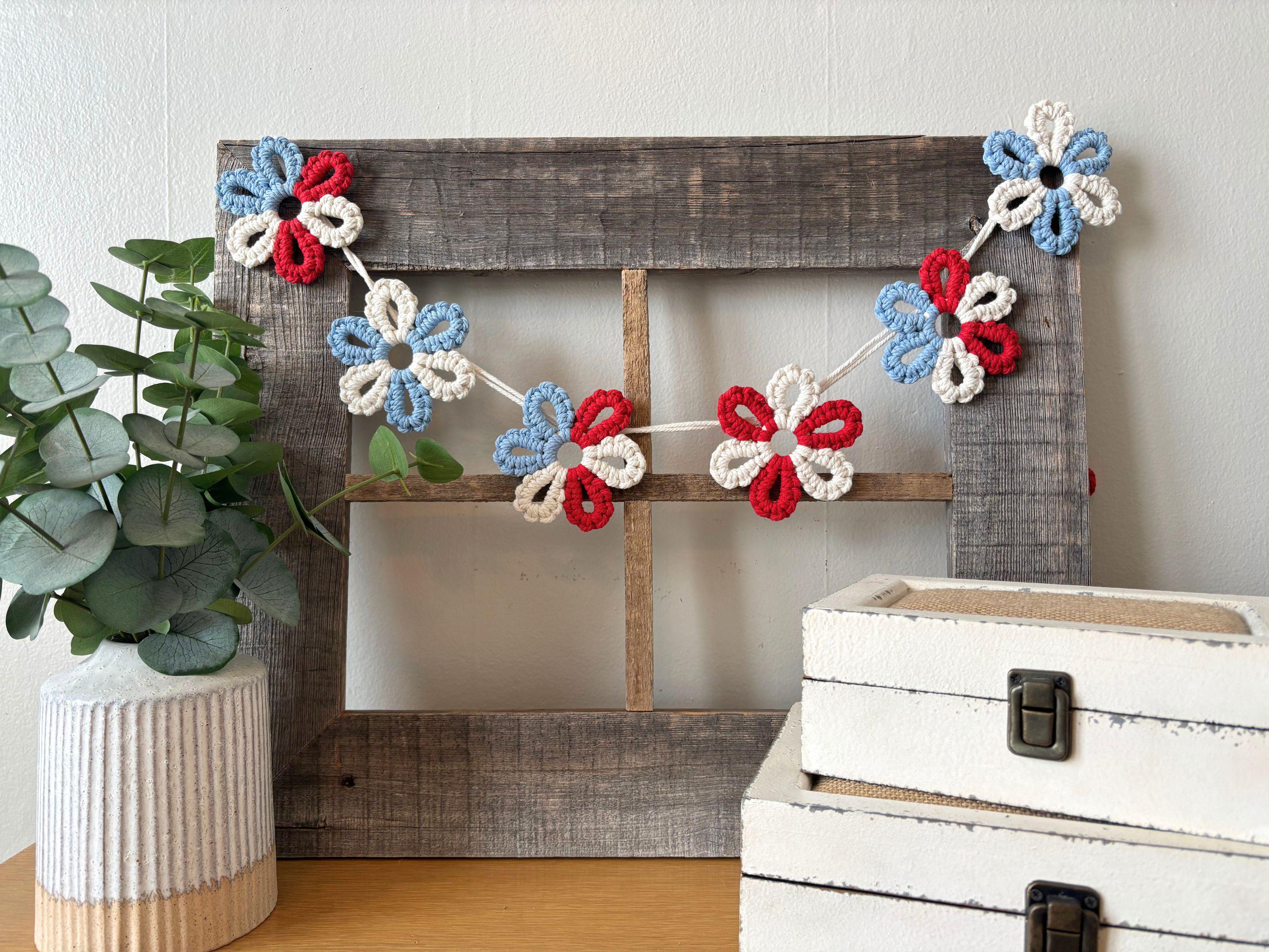 Patriotic Macrame Flower Garland, Red White & Blue Festive Beaded ...