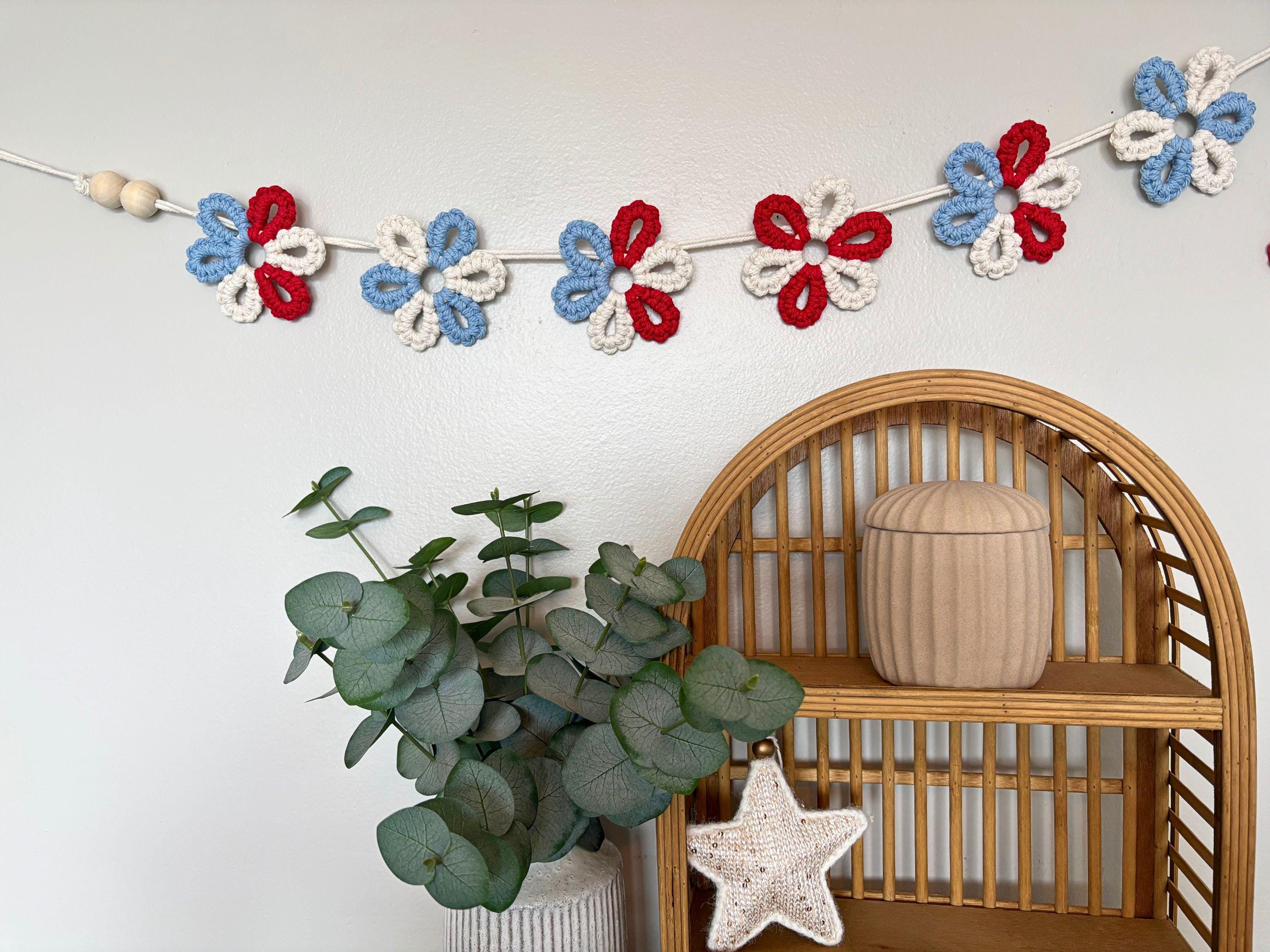 Patriotic Macrame Flower Garland, Red White & Blue Festive Beaded ...