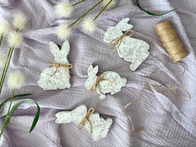 Chippy White Wood Bunnies Set of Four, Easter Bunny Table Decoration ...