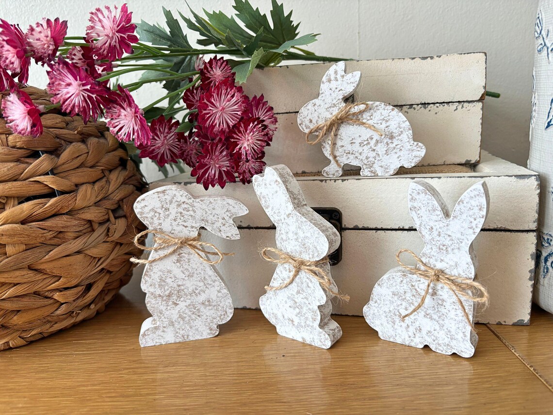Chippy White Wood Bunnies Set of Four, Easter Bunny Table Decoration ...