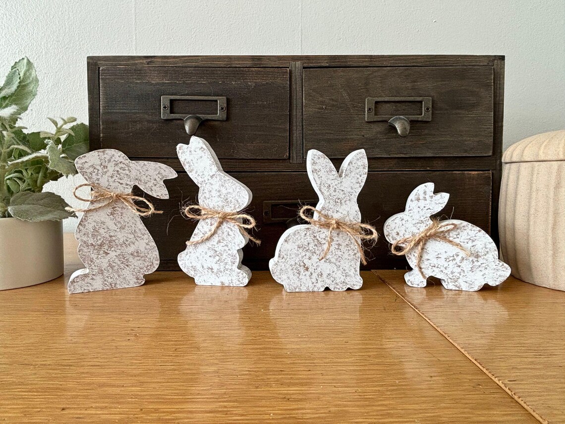 Chippy White Wood Bunnies Set of Four, Easter Bunny Table Decoration ...