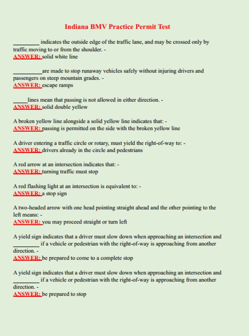 Indiana BMV Practice Permit Test 2024/2025 - Etsy
