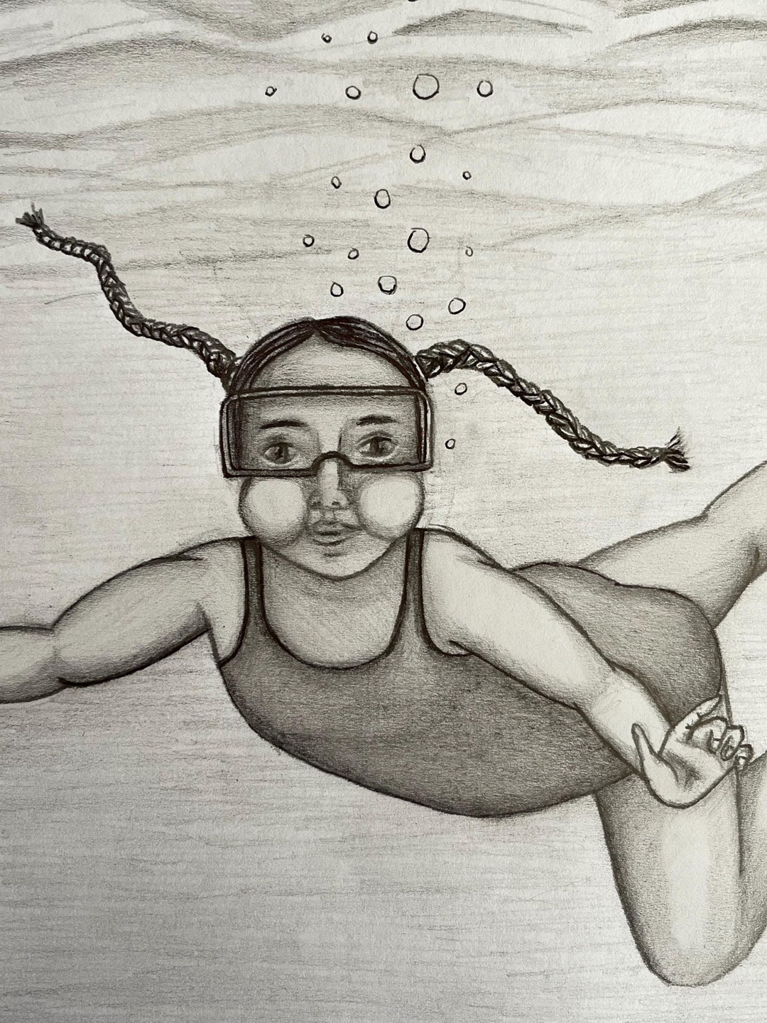 Swimming Girl, Underwater Pencil Drawing, Hand Drawn, Illustration ...