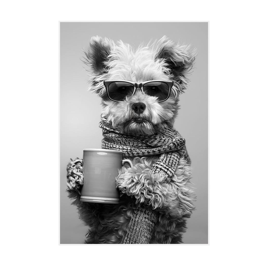 Funny Cockapoo Wall Art Print - Dog Holding a Coffee Mug - Black and ...