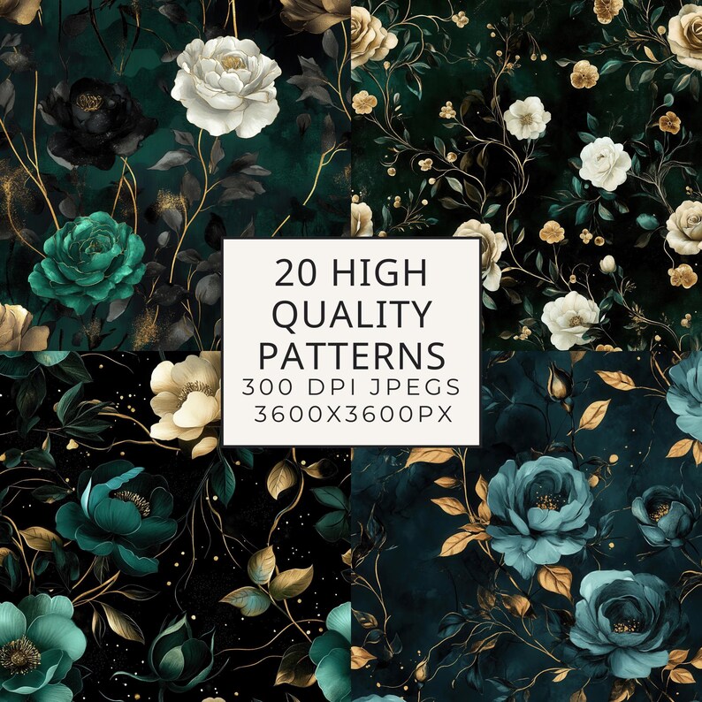 Emerald Green Floral Seamless Papers: Black & Gold, Winter Wedding ...