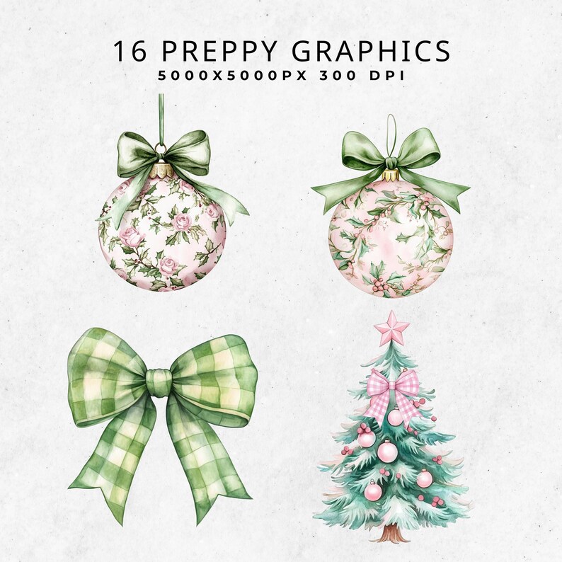 Preppy Christmas Clipart: Pink & Green Grandmillennial PNG (digital ...