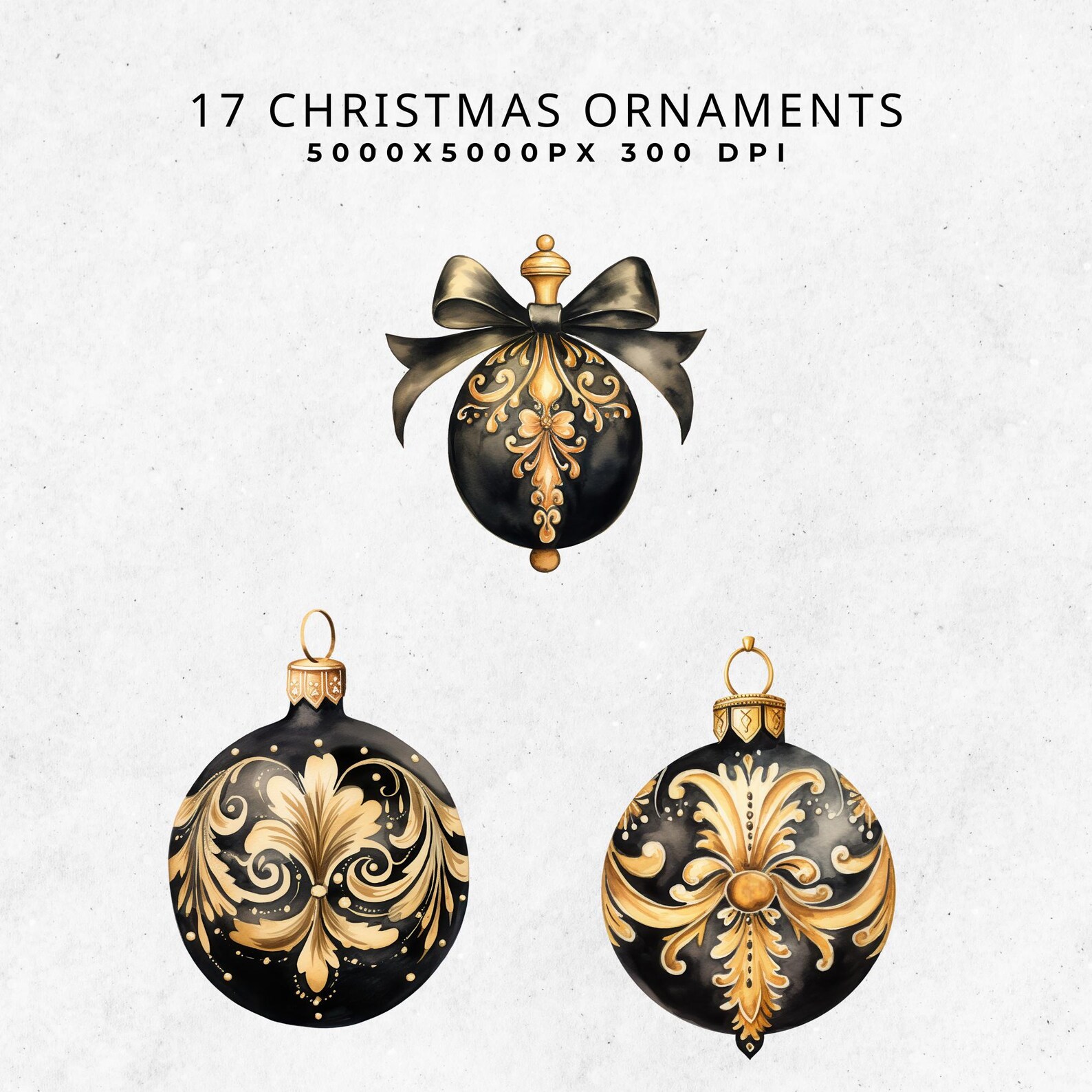 Black & Gold Christmas Ornaments Clipart: Watercolor Baubles (digital ...