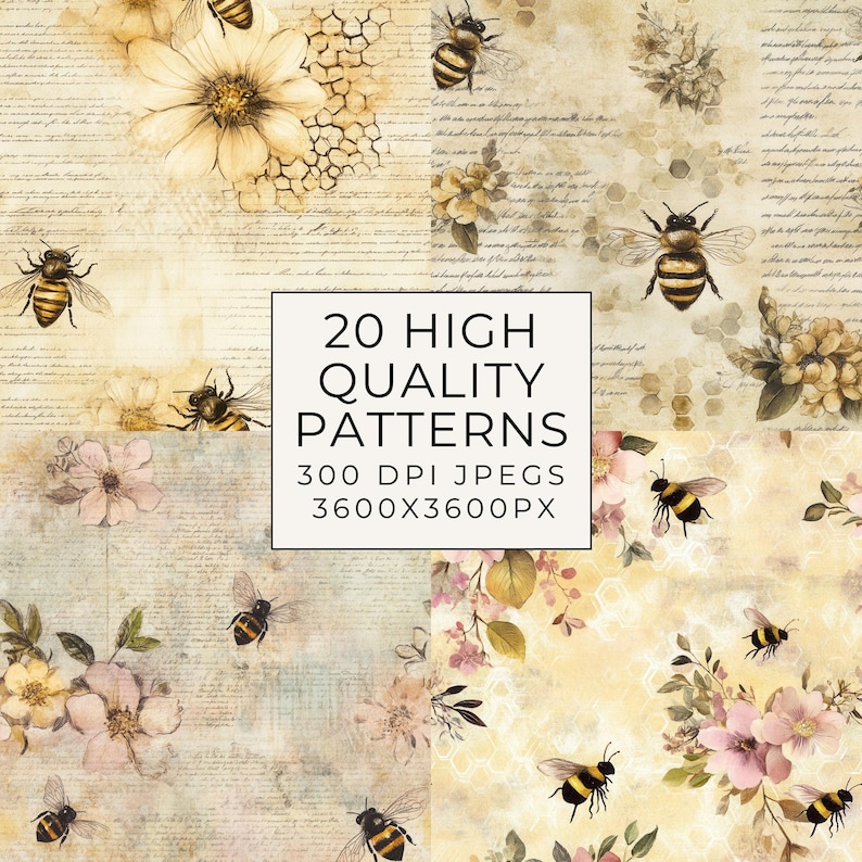 Honeybee Floral Digital Paper: Seamless Bee Scrapbook Patterns (digital ...