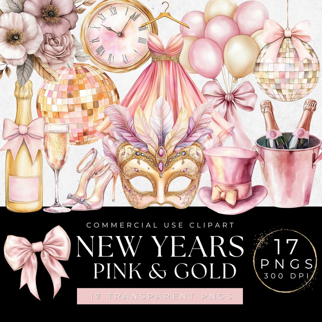 Happy New Year Clipart Pastel Pink and Gold 2025, Watercolor New Years ...