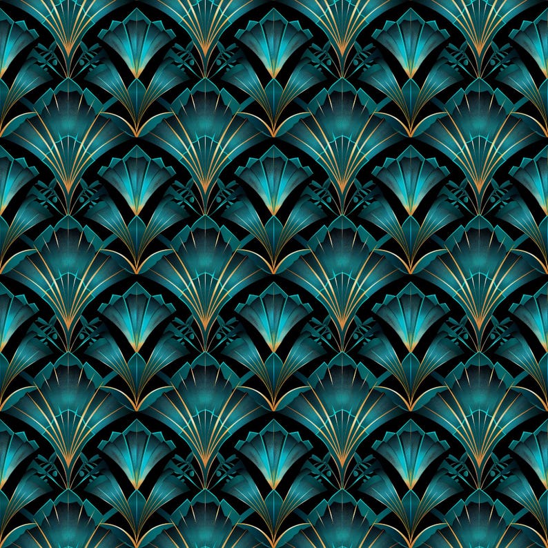 Teal & Gold Art Deco Seamless Patterns: Digital Paper Pack (digital ...
