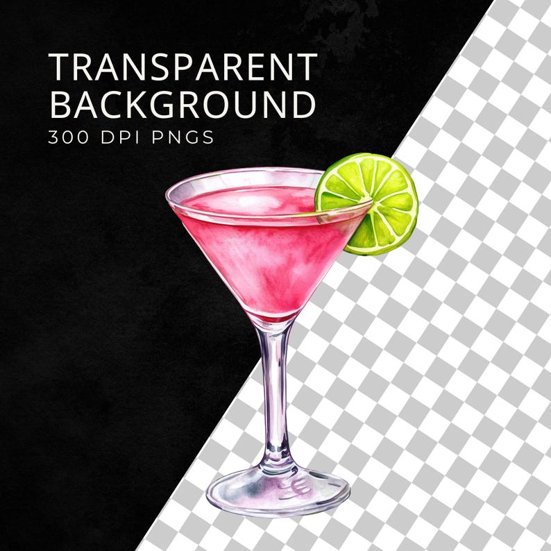 Watercolor Cosmopolitan Cocktail Clipart: Pink Cosmo Drink PNG (digital ...