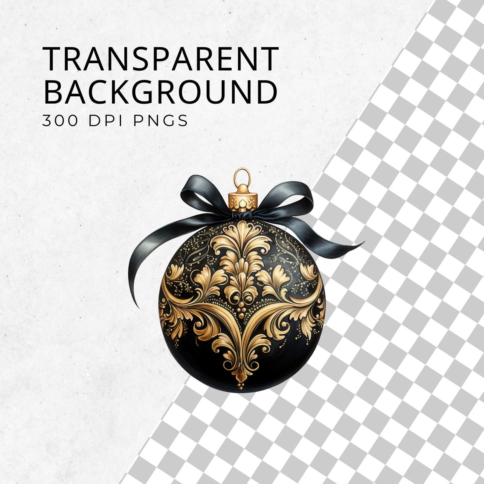 Black & Gold Christmas Ornaments Clipart: Watercolor Baubles (digital ...