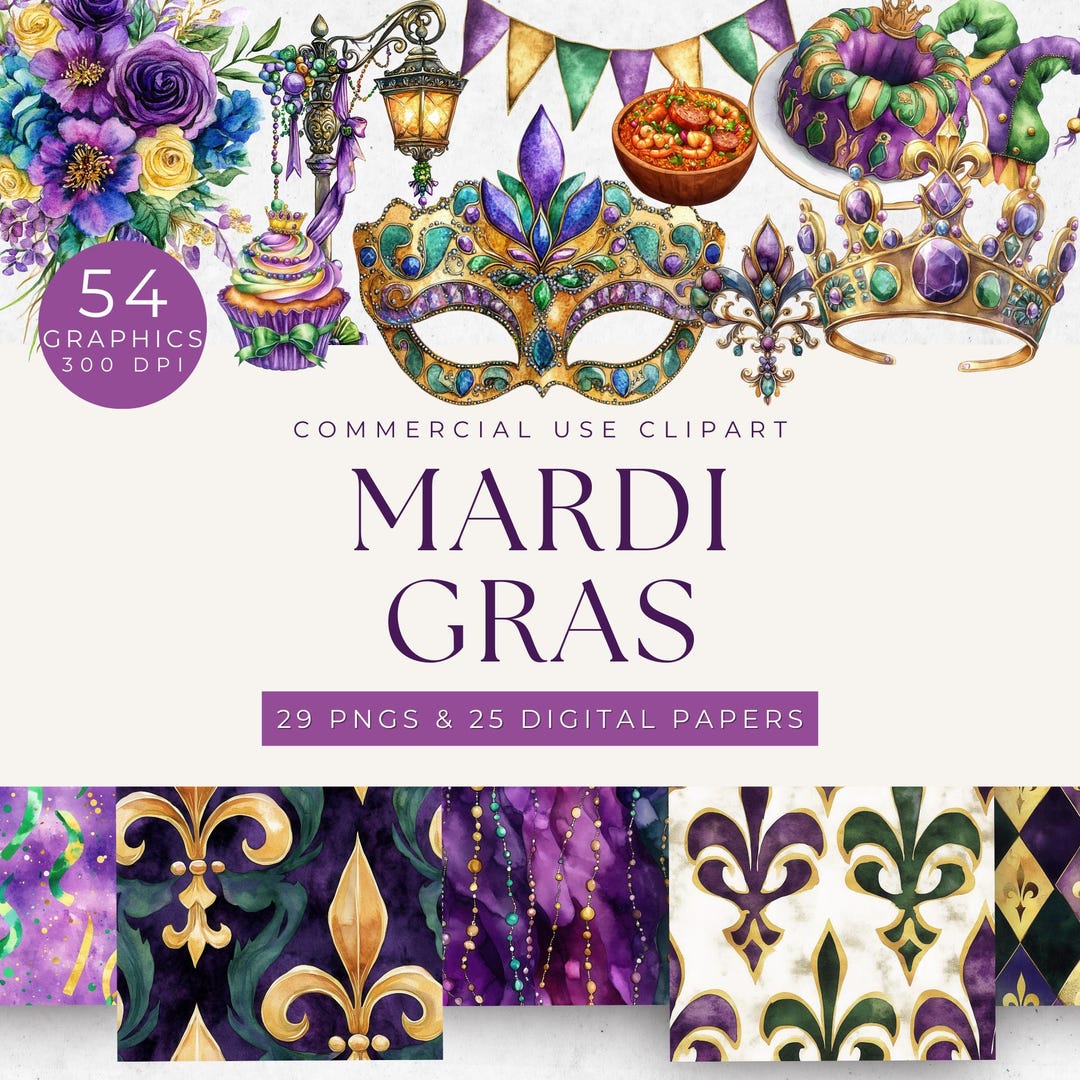Mardi Gras Watercolor Clipart Bundle: Masquerade Mask, Carnival PNG ...