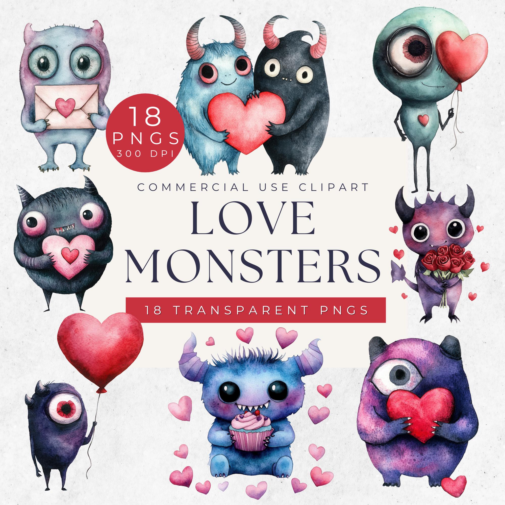 Watercolor Love Monsters Clipart: Valentines Day PNG Graphics (digital ...