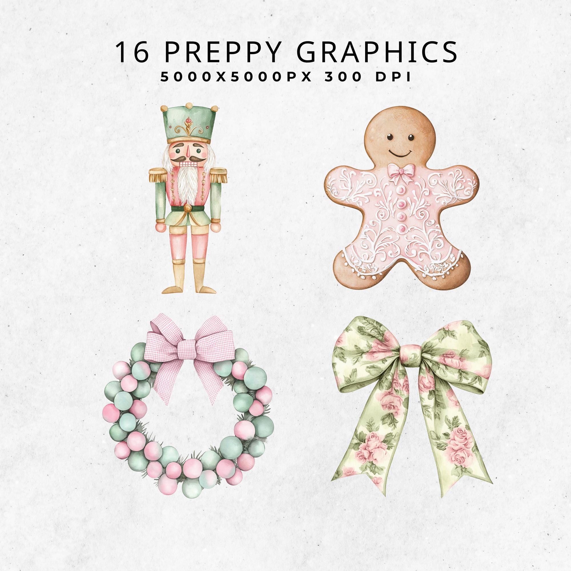 Preppy Christmas Clipart: Pink & Green Grandmillennial PNG (digital ...