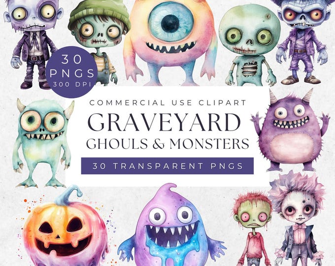 Adorable Monster Halloween Party Clipart, Watercolor Monster Halloween ...