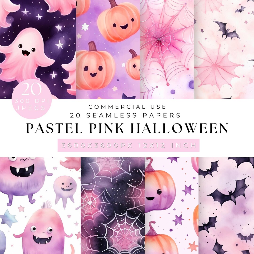 Pastel Pink Halloween Digital Paper, Halloween Seamless Pattern ...