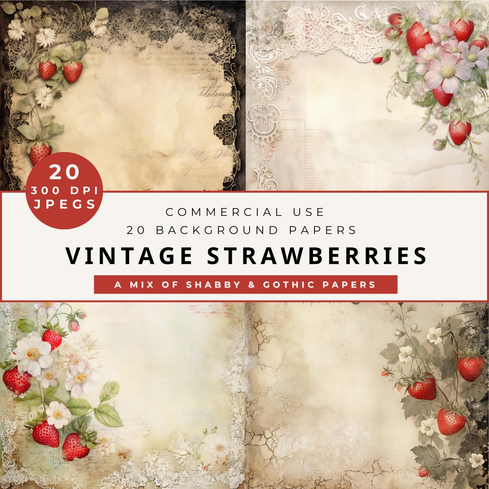 Strawberry and Daisy Digital Paper, Strawberry Digital Papers ...