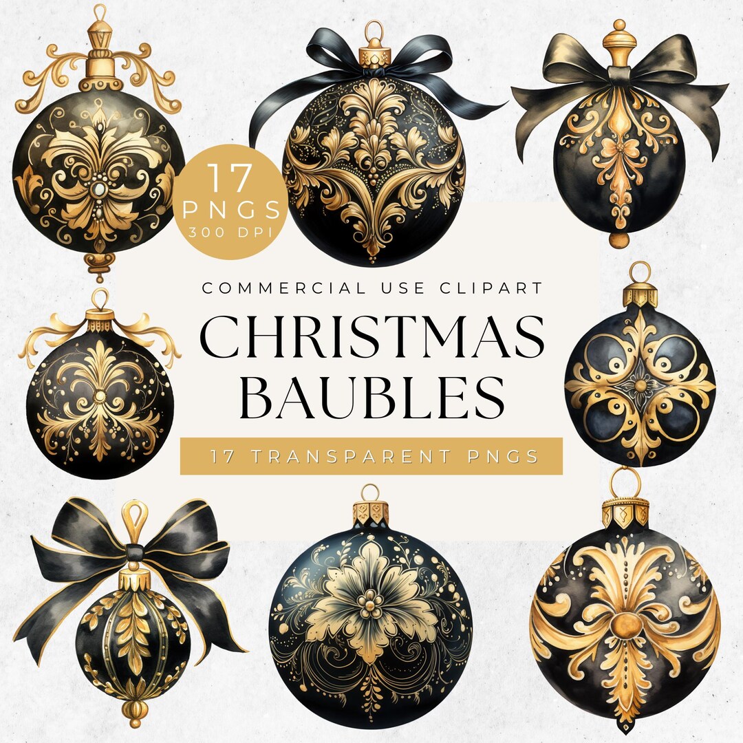 Black & Gold Christmas Ornaments Clipart: Watercolor Baubles (digital ...