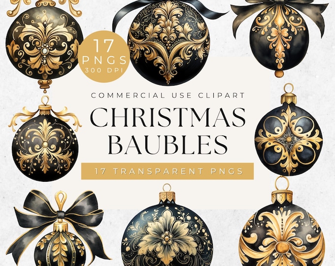 Gold Bauble Clipart: Watercolor Christmas Ornament With Holly (digital ...