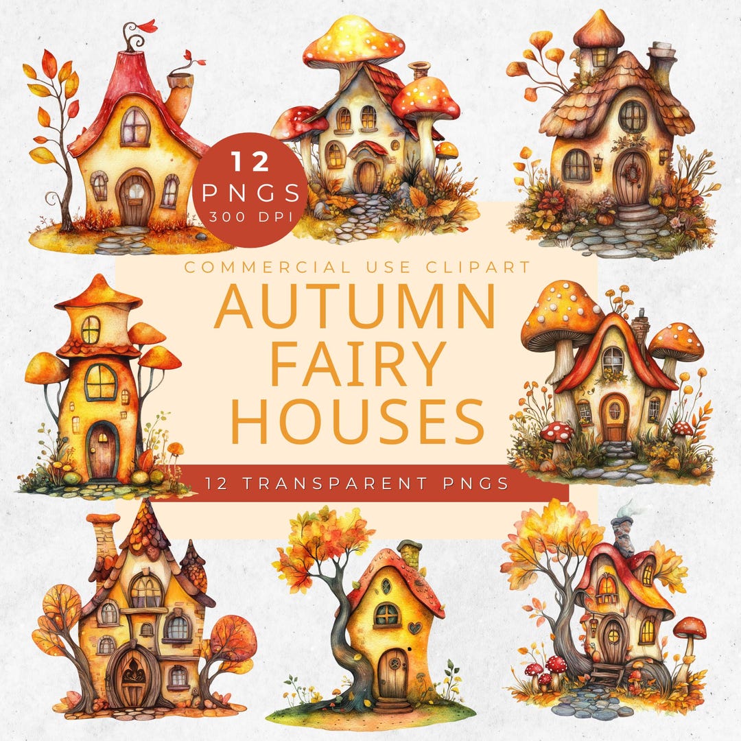 Autumn Fairy House Clipart, Autumn Forest, Watercolor Fall Toadstools ...
