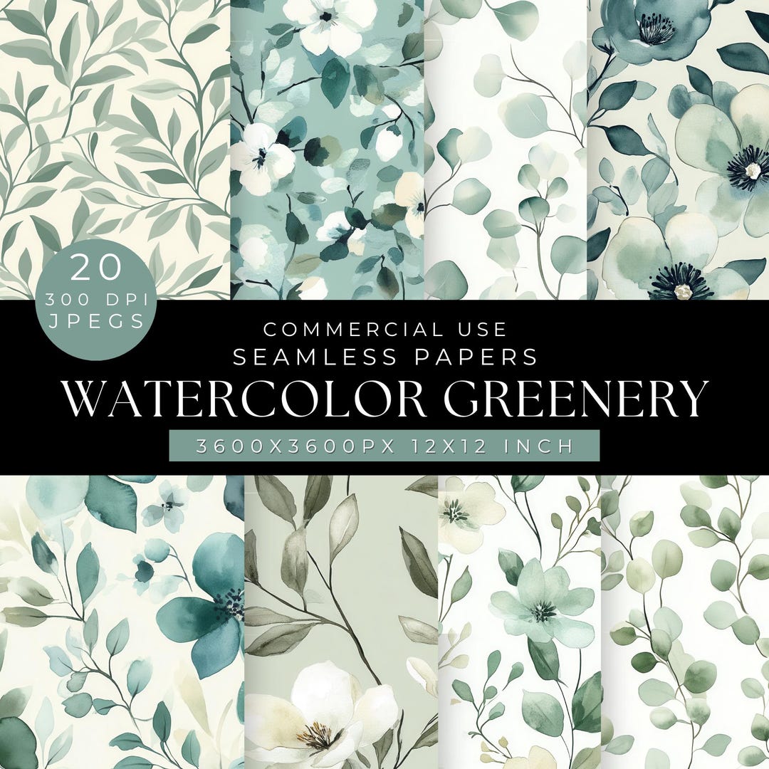 Sage Green Watercolor Floral Digital Paper: Seamless Botanical Patterns ...