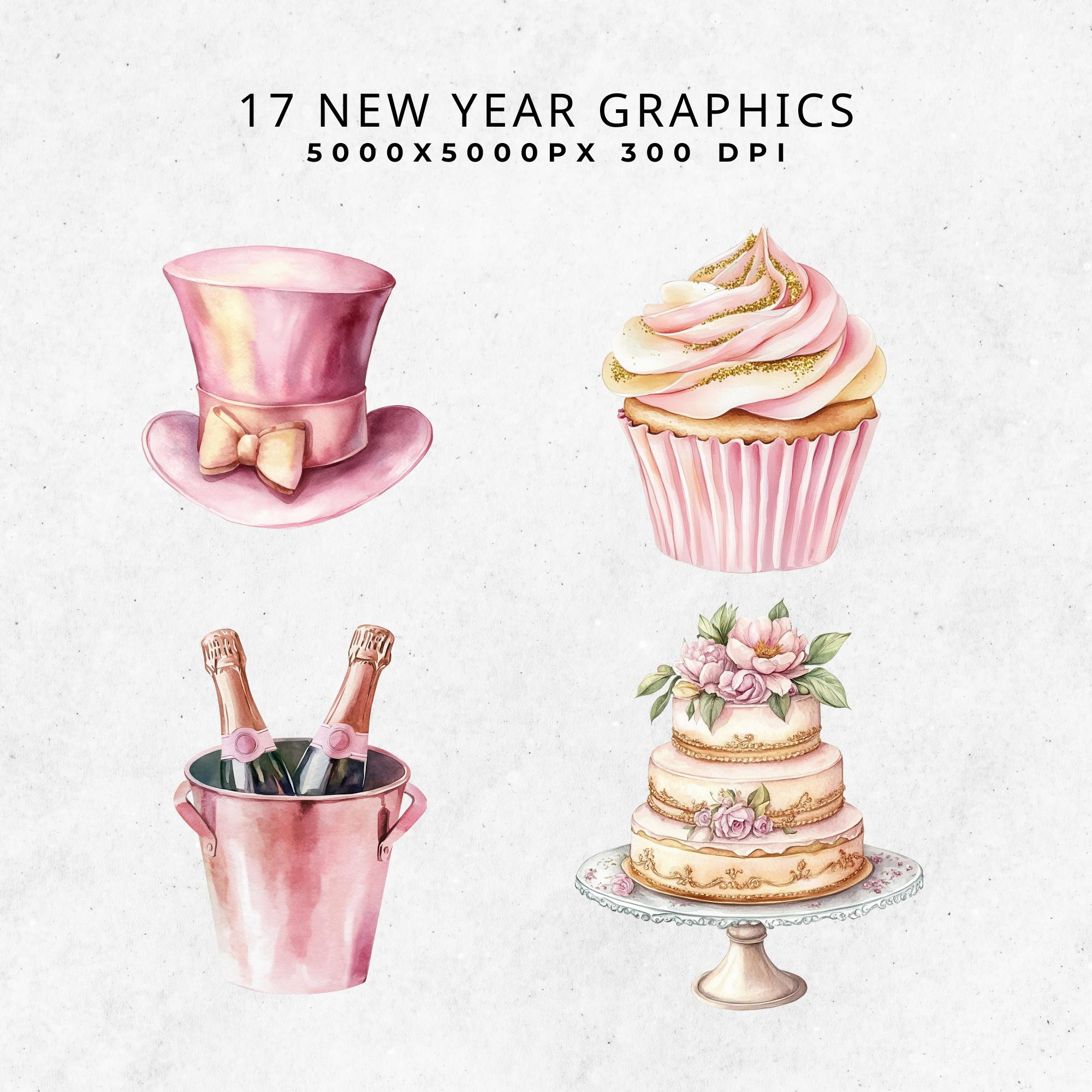 Happy New Year Clipart Pastel Pink and Gold 2025, Watercolor New Years ...