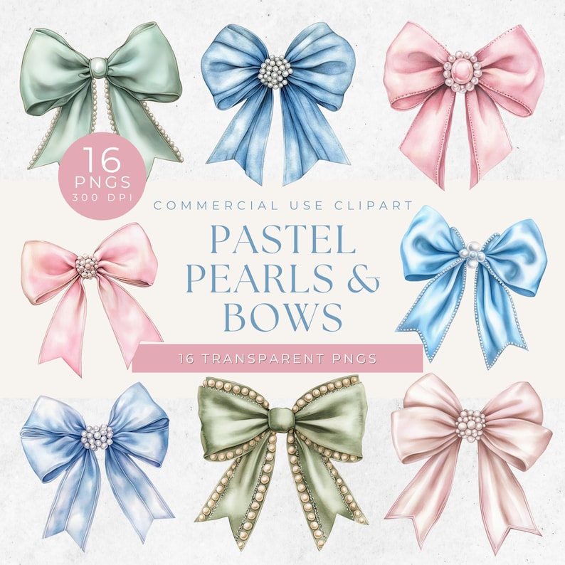 Pastel Bow Clipart: Pearls & Ribbon, Coquette PNG (digital Download) - Etsy